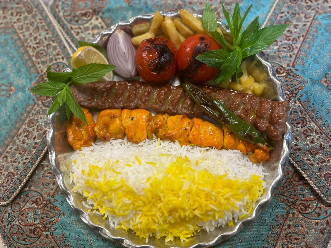 Shahi Kebab ( 1 skewer chicken kebab and 1 skewer ground beef with ric